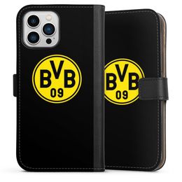 DeinDesign iPhone 13 Pro Max Handy Klapph&uuml;lle Handyh&uuml;lle aus Kunst Leder schwarz Flip Case Logo Borussia Dortmund Bvb Sideflip mit langer Lasche