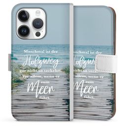DeinDesign iPhone 14 Pro Handy Klapph&uuml;lle Handyh&uuml;lle aus Kunst Leder wei&szlig; Flip Case Statement Beach Spruch Sideflip mit Lasche