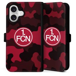 DeinDesign iPhone 16 Handy Klapph&uuml;lle Handyh&uuml;lle aus Kunst Leder schwarz Flip Case Logo 1. Fcn 1. Fc N&uuml;rnberg Sideflip mit Lasche