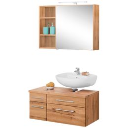 Badmöbel-Set Welltime "Davos", braun (eichefarben), Siphonausschnitt rechts, Holzwerkstoff, Kastenmöbel-Sets, Badmöbel-Set, Spiegelschrank, Regal und Waschbeckenunterschrank