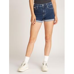 Shorts Calvin Klein Jeans "MID RISE SHORT", Damen, Gr. 34, N-Gr, blau (denim schwarz), Denim/Jeans, Obermaterial: 94% Baumwolle, 4% Elastomultiester, 2% Elasthan, unifarben, schmal kurz, Hosen Shorts, mit Umschlagsaum