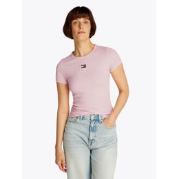 Kurzarmshirt Tommy Jeans "TJW SLIM BADGE RIB TEE", Damen, Gr. XL (42), rosa (precious pink), Single Jersey, Obermaterial: 95% Baumwolle, 5% Elasthan, unifarben, slim fit kurz, Rundhals, abgesteppt, Shirts, mit gerippter Struktur
