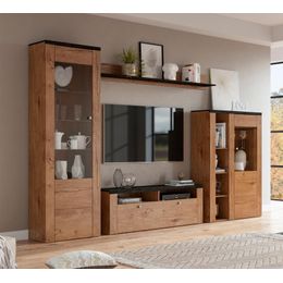 Wohnwand Home Affaire "Larona, Anbauwand, Set 4 Teilig", braun (eichefarben lefkas, schwarzwood), B:305cm, Kastenmöbel-Sets, bestehend aus 1 TV-Board, 1 Highboard, 1 Vitrine, 1 Wandregal