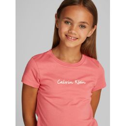 T-Shirt Calvin Klein Jeans "SCRIPT LOGO SLIM SS T-SHIRT", Mädchen, Gr. 4 (104), rot (deep crimson fruit), Single Jersey, Obermaterial: 100% Baumwolle, unifarben, slim fit, Rundhals, abgesteppt, Shirts, mit Logoschriftzug
