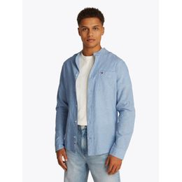 Langarmhemd Tommy Jeans "TJM LINEN MIX BAND COLLAR SHIRT", Herren, Gr. M, N-Gr, blau (colorado blau), Web, Obermaterial: 58% Baumwolle, 42% Leinen, regular fit, Manschette, Hemden