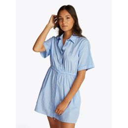 Shirtkleid Tommy Jeans "TJW MINI STRIPE SHIRT DRESS", Damen, Gr. S (36), N-Gr, sugarplum, stripe, Web, Obermaterial: 100% Baumwolle, gestreift, Kleider Shirtkleid, mit Taillen Bindeband