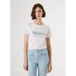 T-Shirt Pepe Jeans "BERO", Damen, Gr. L, weiß, Single Jersey, Obermaterial: 100% Baumwolle, bedruckt, slim fit, Rundhals, abgesteppte Kante, Shirts, Rundhals, mit Print