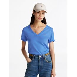 T-Shirt Tommy Hilfiger "SLIM CODY V-NK SS mit V-Ausschnitt und Streifen", Damen, Gr. S (36), blau (blau spell), Jersey, Obermaterial: 100% Baumwolle, unifarben, slim fit hüftlang, tiefer V-Ausschnitt, abgesteppt, Shirts, Baumwolle, slim fit