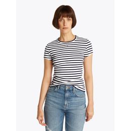 Kurzarmshirt Tommy Jeans "TJW SLIM ESSENTIAL RIB SS EXT", Damen, Gr. L (40), schwarz night navy stripes, Single Jersey, Obermaterial: 95% Baumwolle, 5% Elasthan, gestreift, slim fit kurz, Rundhals, abgesteppt, Shirts, mit gerippter Struktur