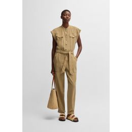 Jumpsuit BOSS Orange "Dridy Premium Damenmode", Damen, Gr. 34, beige (medium beige 261), Web, Obermaterial: 83% Lyocell, 17% Polyamid, unifarben, Umschlagsaum, Overalls, mit Gürtel, Pattentaschen