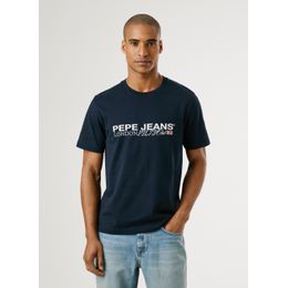 T-Shirt Pepe Jeans "MATTHEW TEE", Herren, Gr. L, blau (dulwich blau), Jersey, Obermaterial: 100% Baumwolle, bedruckt, regular fit, Rundhals, abgesteppte Kante, Shirts, Regular Fit mit Rundhals