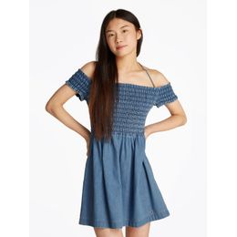 Midikleid Tommy Jeans "TJW CHAMBRAY FIT & FLARE DRESS", Damen, Gr. L (40), N-Gr, blau (denim medium), Web, Obermaterial: 100% Baumwolle, unifarben, ausgestellt mini, eckiger Ausschnitt, Kleider, mit Bindeband, in blauer Waschung