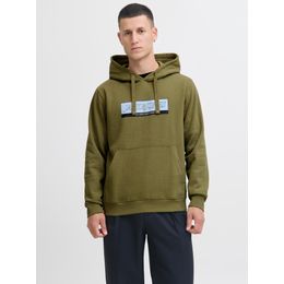 Jack & Jones Kapuzensweatshirt JACK & JONES "JORINWOOD BLOCK BRANDING SWEAT HOOD", Herren, Gr. M, grün (olive drab), angeraute Sweatware, Obermaterial: 70% Baumwolle, 30% Polyester, bedruckt, regular fit normal, Rippbündchen, Sweatshirts