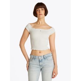 Smoktop Tommy Jeans "TJW CRP SMOCK TOP", Damen, Gr. L (40), beige (ecru), Single Jersey, Obermaterial: 95% Baumwolle, 5% Elasthan, unifarben, slim fit taillenlang, U-Boot-Ausschnitt, Tops, in Smok-Optik