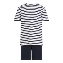 Pyjama "S/S JERSEY PJ SET", Jungen, Gr. 140/146, blau (breton stripe, desert sky), Jersey, Obermaterial: 95% Baumwolle, 5% Elasthan, Tommy Hilfiger Underwear, gestreift, bequem, Rundhals, abgesteppt, Homewear-Sets, mit Logostickerei