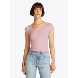 Kurzarmshirt Tommy Jeans "TJW SLIM VNECK GMD RIB SS", Damen, Gr. L (40), rosa (precious pink), Rippware, Obermaterial: 95% Baumwolle, 5% Elasthan, unifarben, figurbetont kurz, V-Ausschnitt, Raglanärmel Rollkante, Shirts, mit Rollkanten, im femininen Stil