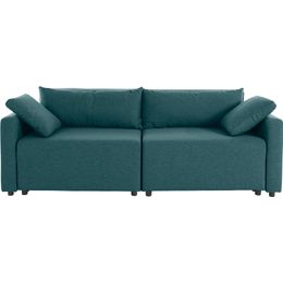2-Sitzer Home Affaire "Marva 2tlg.", blau (petrol), B:220cm H:89cm T:90cm, Struktur fein (100% Polyester);Samtoptik (100% Polyester), Sofas, beide Elemente ausziehbar f&uuml;r Bettfunktion, mit Bettkasten