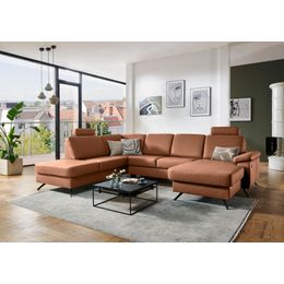 Wohnlandschaft DIE PLANBAR "PN-EM15047 U-Form, mit Kopfstützen", parkett, B:309cm H:104cm T:235cm, Sofas, Echtleder, wahlweise mit Bettfunktion u. Stauraum