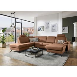 Wohnlandschaft DIE PLANBAR "PN-EM15047 U-Form, mit Kopfstützen", parkett, B:309cm H:104cm T:235cm, Sofas, Echtleder, wahlweise mit Bettfunktion u. Stauraum