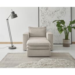 Sitzgruppe Home Affaire "PIAGGE", beige (hellbeige,), B:110cm H:83cm T:161cm, Sitzm&ouml;bel-Sets, Sessel mit Hocker Polstersessel, Hochwertiger Cord, Sessel und Hocker klein im Set