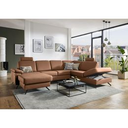 Wohnlandschaft DIE PLANBAR "PN-EM15047 U-Form, mit Kopfstützen", parkett, B:309cm H:104cm T:235cm, Sofas, Echtleder, wahlweise mit Bettfunktion u. Stauraum