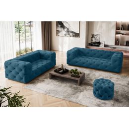 3-Sitzer Home Affaire "FOLLINA", blau (dunkelblau), B:226cm H:71cm T:100cm, 100% Polyester, Sofas, 3-Sitzer Sofa mit klassischer Chesterfield-Knopfheftung