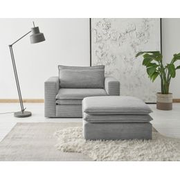 Sitzgruppe Home Affaire "PIAGGE", grau (hellgrau), B:125cm H:83cm T:210cm, Sitzm&ouml;bel-Sets, Sessel mit Hocker Polstersessel, Hochwertiger Cord, Loveseat und Loveseat-Hocker im Set