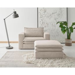 Sitzgruppe Home Affaire "PIAGGE", beige (hellbeige), B:125cm H:83cm T:210cm, Sitzm&ouml;bel-Sets, Sessel mit Hocker Polstersessel, Hochwertiger Cord, Loveseat und Loveseat-Hocker im Set