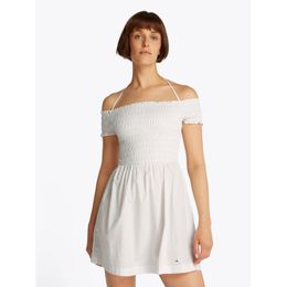 Smokkleid Tommy Jeans "TJW RUCHE F&F POPLIN DRESS EXT", Damen, Gr. L (40), N-Gr, beige (ecru), Popeline, Obermaterial: 100% Baumwolle, unifarben, ausgestellt mini, Kleider, in Smok-Optik