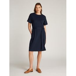 A-Linien-Kleid Tommy Hilfiger "COTTON INTERLOCK SHORT DRESS", Damen, Gr. S (36), N-Gr, blau (schwarz night navy), Web, Obermaterial: 100% Baumwolle, unifarben, A-Linie knielang, Rundhals, Bündchen, Kleider, mit Bindeband