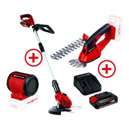 Einhell Rasentrimmer inkl. 2,0 Ah Starter-Kit + Gras-und Stauchschere + 2,5 Ah Starter-Kit + Akku-Lautsprecher (4326422)