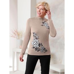 Stehkragenpullover CLASSIC "Stehkragen-Pullover", Damen, Gr. 42, beige (sesam), 100% Polyacryl, geblümt, gemustert, mehrfarbig, Pullover Stehkragenpullover