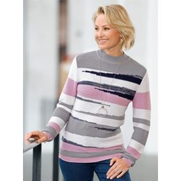 Stehkragenpullover Classic Basics "Pullover", Damen, Gr. 40, rosa (rosé, steingrau, gemustert), 50% Baumwolle, 50% Polyacryl, gemustert, mehrfarbig, Pullover