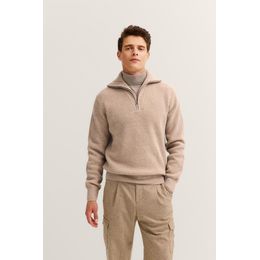 Troyer Bugatti "Regular Fit", Herren, Gr. L, 30, beige, Sweatware, 80% Wolle, 20% Polyamid, unifarben, regular fit, ohne Ausschnitt, Rippb&uuml;ndchen, Pullover Troyer, mit Ripp-Struktur & hohem Stehkragen