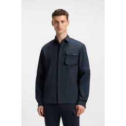 Funktionshemd BOSS Green "B Rib Glamping L", Herren, Gr. L, N-Gr, blau (dunkelblau402), Web, Obermaterial: 95% Polyester, 5% Elasthan, unifarben, regular fit, hoch geschlossener Ausschnitt, eingesetzt eckige 1-Knopf-Manschette, Hemden, mit Brusttasche