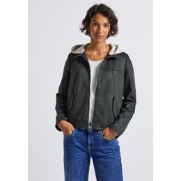 Lederimitatjacke Street One, Damen, Gr. 36, evernight gr&uuml;n, Stoff, Obermaterial: 94% Polyester, 6% Elasthan; Futter: 100% Polyester, unifarben, normal kurz, ohne Ausschnitt, abgesteppt, Jacken, mit abnehmbarer Kapuze