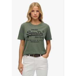 Print-Shirt Superdry "EMBELLISHED VL RELAXED TEE", Damen, Gr. M, grün (thyme grün), Single Jersey, Obermaterial: 100% Baumwolle, bedruckt, relaxed fit normal, Rundhals, Shirts