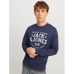 Jack & Jones Sweatshirt JACK & JONES "JJJEANS SWEAT O-NECK", Herren, Gr. S, blau (navy blazer), angeraute Sweatware, Obermaterial: 100% Baumwolle, bedruckt, normal, Rundhals, Rippbündchen, Sweatshirts