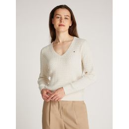 V-Ausschnitt-Pullover Tommy Hilfiger "CO CABLE V-NK LS SWT", Damen, Gr. L (40), wei&szlig; (ivory petal), Strick, Obermaterial: 100% Baumwolle, meliert, normal kurz, V-Ausschnitt, Rippstrickb&uuml;ndchen, Pullover, mit Zopfmuster, Logostickerei