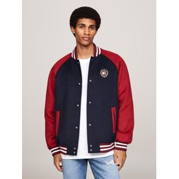 Bomberjacke Tommy Jeans "TJM WOOL BLEND CREST BOMBER", Herren, Gr. L, bunt (schwarz night navy, regatta rot), Obermaterial: 80% Polyester, 20% Wolle, elastischer Bund, Jacken, Color Block-Design, Tommy Jeans-Wappen-Stickerei auf Brust