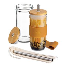 Cosumy Bubble Tea Becher mit Strohhalm und Bambusdeckel - 2er Set Glasbecher | Gr.: onesize