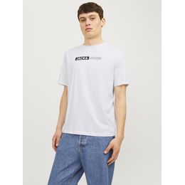 Jack & Jones Rundhalsshirt JACK & JONES "JJECORP LOGO TEE PLAY SS O-NECK NOOS", Herren, Gr. L, weiß (weiß print:play 5), Single Jersey, Obermaterial: 100% Baumwolle, bedruckt, normal normal, Rundhals, Shirts