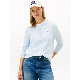 Cardigan Tommy Hilfiger "CO JERSEY STITCH CARDIGAN", Damen, Gr. M (38), breezy blau, Feinstrick, Obermaterial: 67% Baumwolle, 33% Polyamid, unifarben, regular fit h&uuml;ftlang, Rundhals, Rippstrickb&uuml;ndchen, Strickjacken