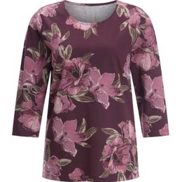 Damen 3/4-Arm-Shirt allover mit Bl&uuml;tendessin burgund-mauve-bedruckt, Gr&ouml;&szlig;e 56