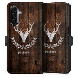 DeinDesign Galaxy A17 5G Handy Klapph&uuml;lle Handyh&uuml;lle aus Kunst Leder schwarz Flip Case Deer Wooden Look Wood Sideflip mit Lasche