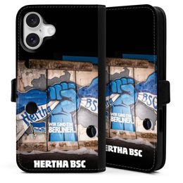 DeinDesign iPhone 16 Plus Handy Klapph&uuml;lle Handyh&uuml;lle aus Kunst Leder schwarz Flip Case Hertha Bsc Wall Official Licensed Product Sideflip mit Lasche