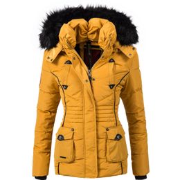 Steppjacke Marikoo "Vanilla", Damen, Gr. XS (34), gelb, Obermaterial: 100% Polyester, Futter: 100% Polyester, Kunstpelz: 100% Polyacryl, figurbetont Po-bedeckend, Ärmel ohne Ärmelschlitz Rippstrickbündchen kontrastfarben, Jacken, edle Winterjacke m. Kunstfellkapuze
