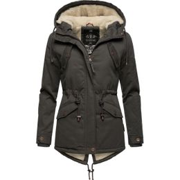 Winterjacke Marikoo "Manolya", Damen, Gr. S (36), grau (anthrazit), Oberstoff: 100% Baumwolle, Futter: 100% Polyester, Wattierung: 100% Polyester, Ärmelfutter: 100% Polyester, figurbetont Po-bedeckend, hoch geschlossener Ausschnitt, Ärmel ohne Ärmelschlitz Rippstrickbündchen mit Druckknopf, Jacken, stylischer Kurzmantel mit weichem Teddyfell-Futter, Topseller