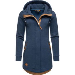 Langjacke Ragwear "Letty Intl.", Damen, Gr. L (40), blau (marine), Sweatware, 54% Polyester, 41% Baumwolle, 5% Viskose, tailliert ca. Mitte Oberschenkel, hoch geschlossener Ausschnitt, Ärmel ohne Ärmelschlitz normaler Saum, Jacken, Sportliche Kapuzenjacke mit Kunstleder-Elementen