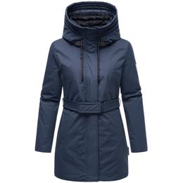 Winterjacke Navahoo "Eishauch 14", Damen, Gr. L (40), blau (navy), Obermaterial: 55% Nylon 45% Baumwolle; Innenfutter: 100% Polyester; Wattierung: 100% Polyester; Ärmelfutter: 100% Polyester, figurumspielend Po-bedeckend, hoch geschlossener Ausschnitt, eng Rippstrickbündchen, Jacken, Damen Winterparka mit Taillengürtel und Fleece-Kragen